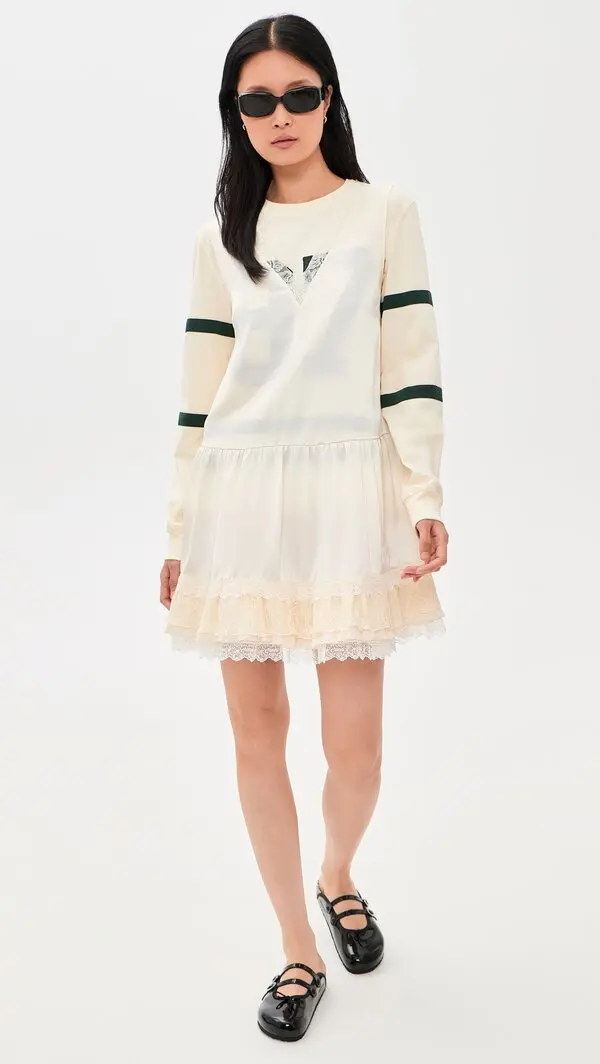 GANNI Fluid Satin V Neck Lace Mini Dress