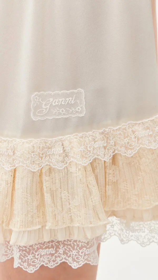 GANNI Fluid Satin V Neck Lace Mini Dress