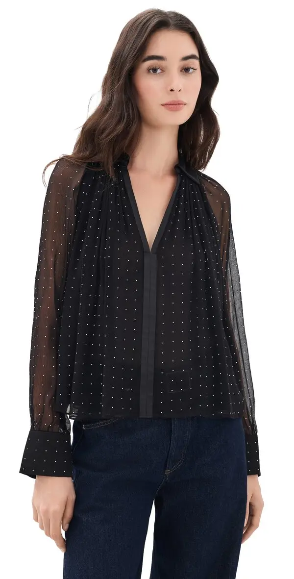 Vince Heat Set Dot Sheer Gathered Blouse - Black