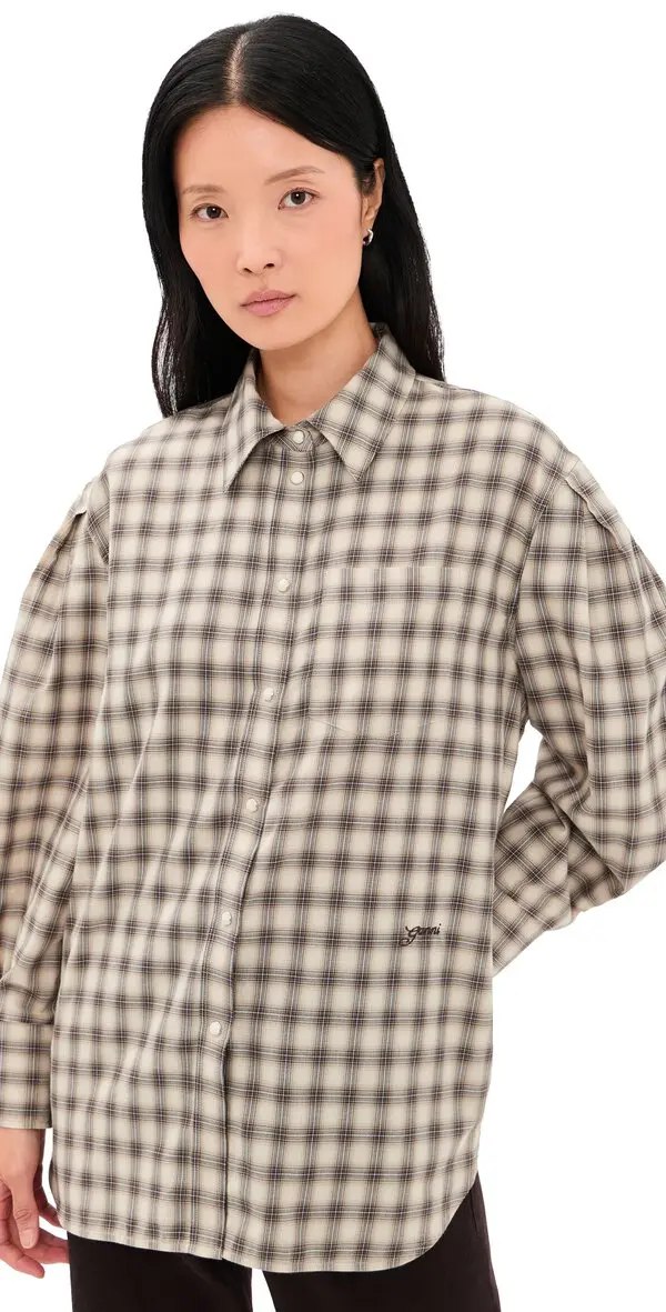 GANNI Light Check Flannel Pleated Sleeve Shirt - Oyster Gray