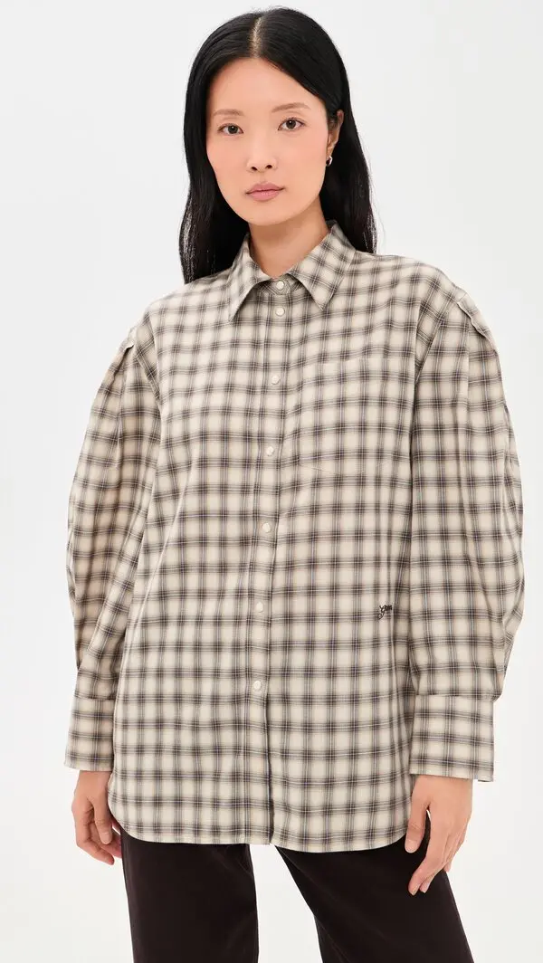 GANNI Light Check Flannel Pleated Sleeve Shirt