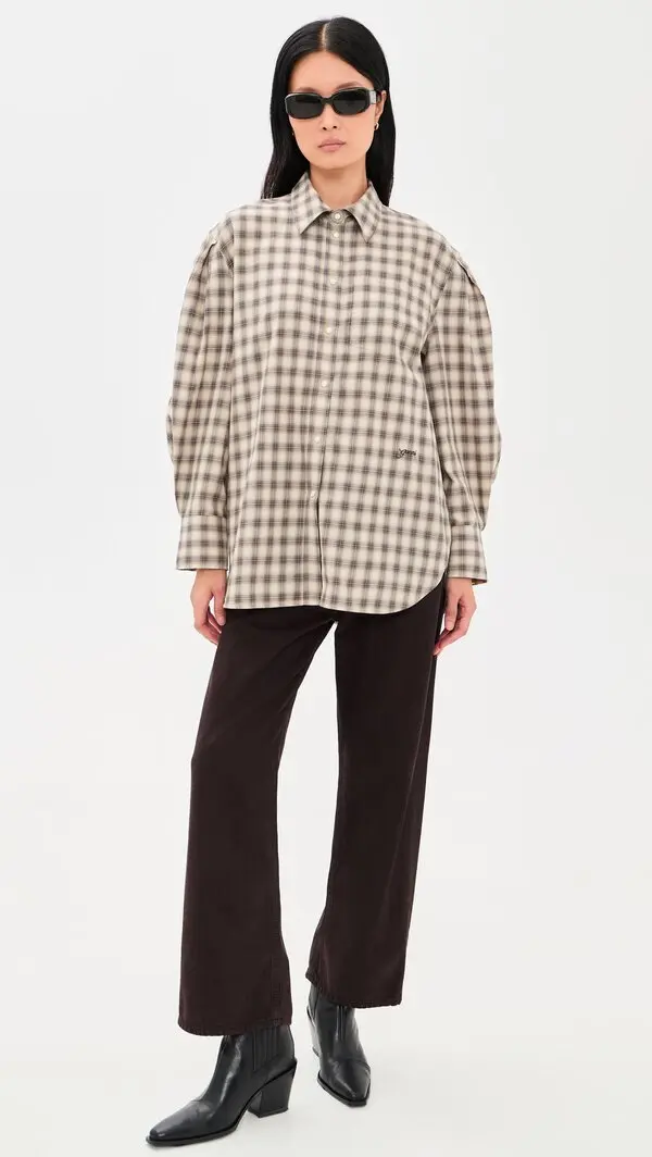 GANNI Light Check Flannel Pleated Sleeve Shirt