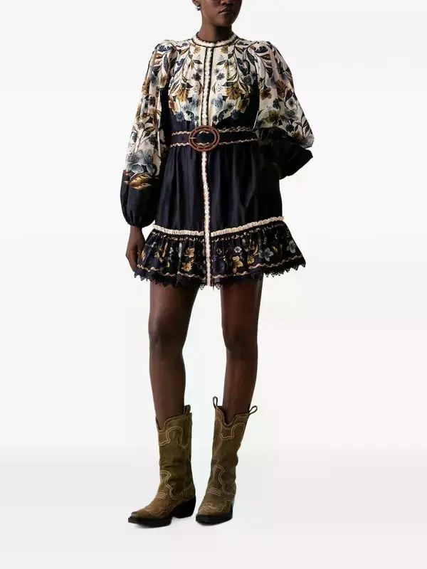 Farm Rio Belted Floral-print Mini Dress - Blue