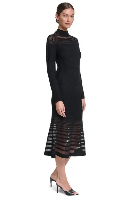 Halston Long Sleeve Knit Maxi Dress With Sheer Detail