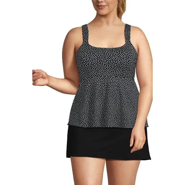 LANDS' END Adjustable Scoop Neck Flutter Tankini Top - Black Mini Dot