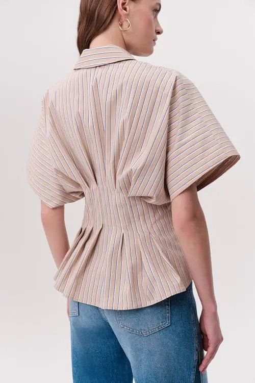EXQUISE Nataly Collar Pleated Fitted Striped Shirt - Multi Color