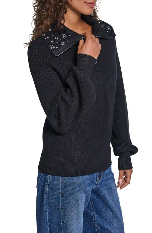 Karl Lagerfeld Paris Crystal Collar Zip Up Sweater