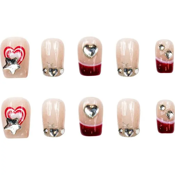 3H NAILS 3h Luxury Hand Made Press On Nails-ruby Bow Charm - Beige/red