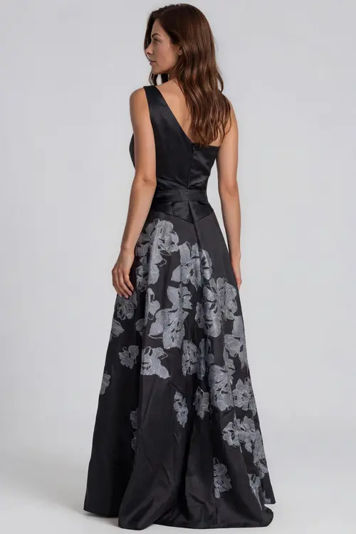 Rene Ruiz Collection One Shoulder Floral Boarder Print Mikado A-line Gown