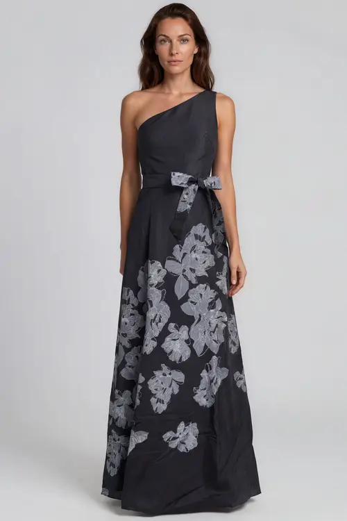 Rene Ruiz Collection One Shoulder Floral Boarder Print Mikado A-line Gown - Black