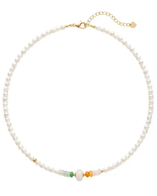 SEREE Mosaic Elora Freshwater Pearl And Multicolor Jade Necklace - Gold
