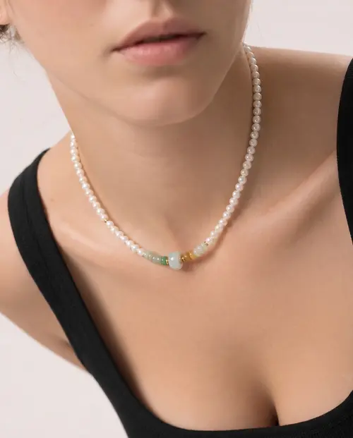 SEREE Mosaic Elora Freshwater Pearl And Multicolor Jade Necklace - Gold