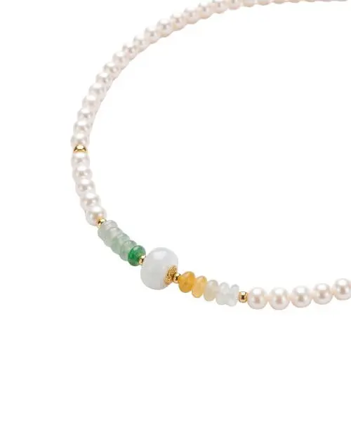 SEREE Mosaic Elora Freshwater Pearl And Multicolor Jade Necklace - Gold