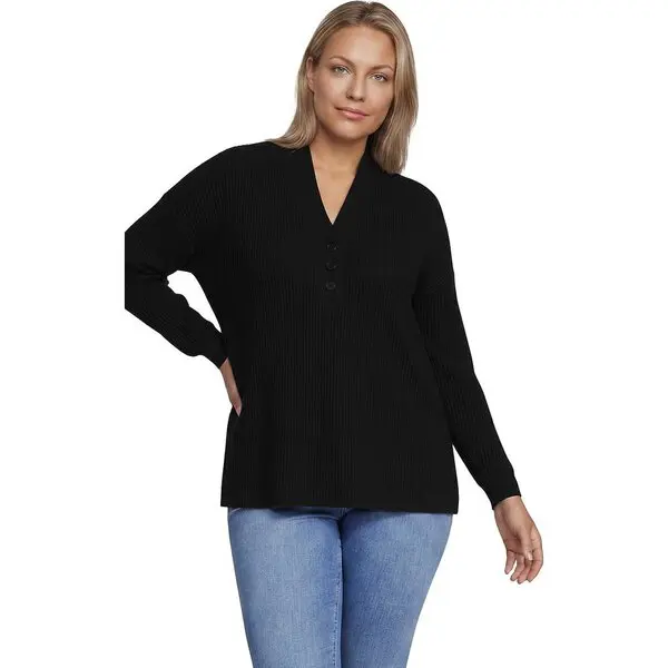 LANDS' END Long Sleeve Waffle Shawl Collar Henley - Black