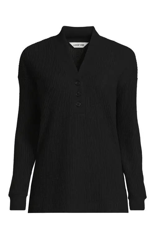 LANDS' END Long Sleeve Waffle Shawl Collar Henley - Black