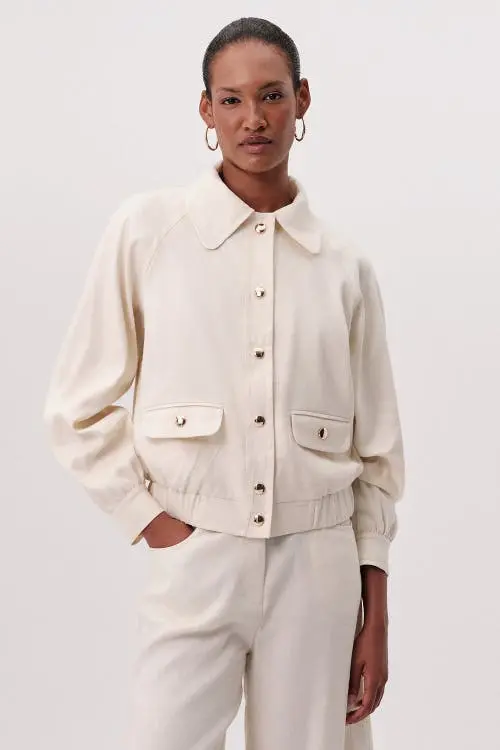 EXQUISE Pocketed Long Sleeve Elastic Waist Crop Bomber Jacket