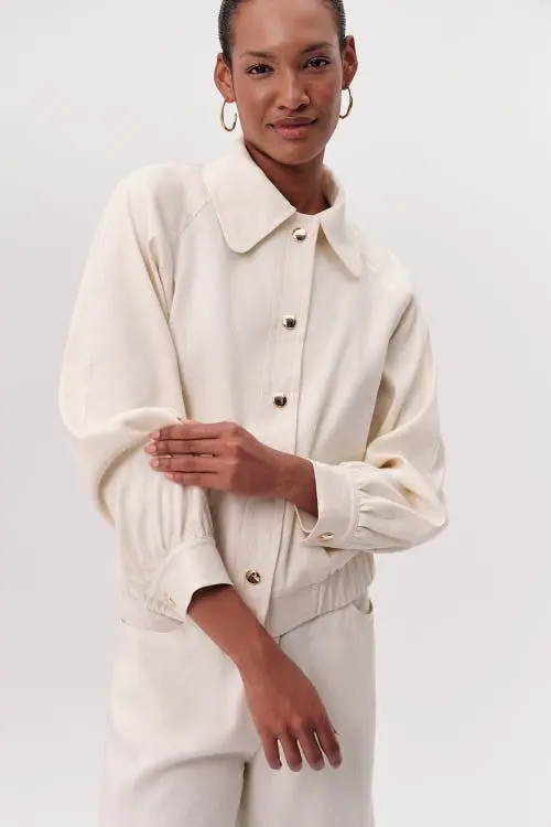 EXQUISE Pocketed Long Sleeve Elastic Waist Crop Bomber Jacket