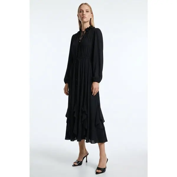 EXQUISE Long Sleeve Drawstring Waist Tiered Midi Dress - Black