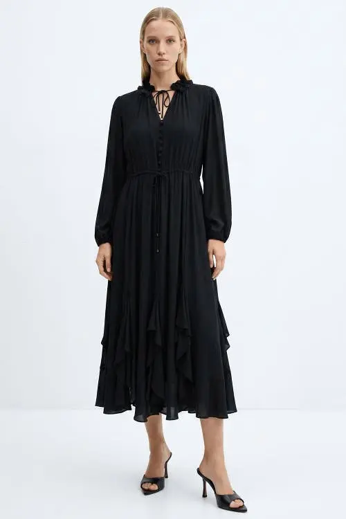 EXQUISE Long Sleeve Drawstring Waist Tiered Midi Dress - Black