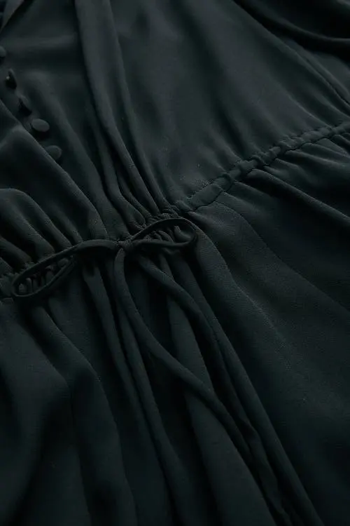 EXQUISE Long Sleeve Drawstring Waist Tiered Midi Dress - Black