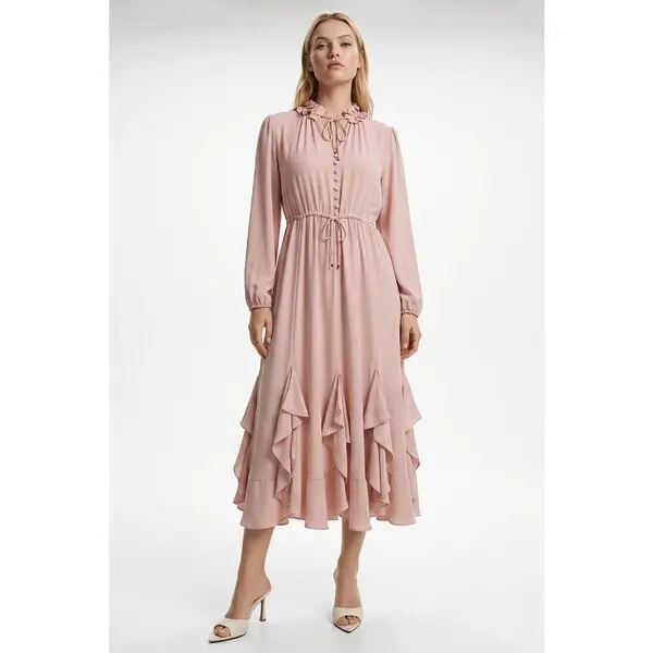 EXQUISE Long Sleeve Drawstring Waist Tiered Midi Dress - Powder