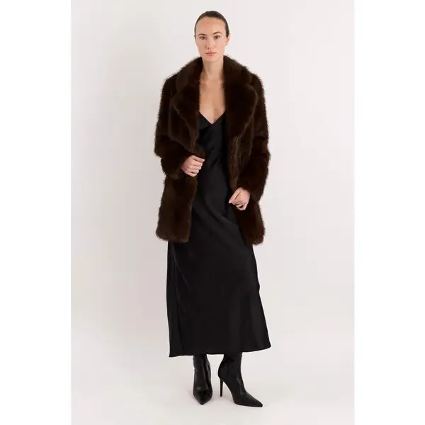 OROLAY Mid-length Faux Fur Coat - Coffee