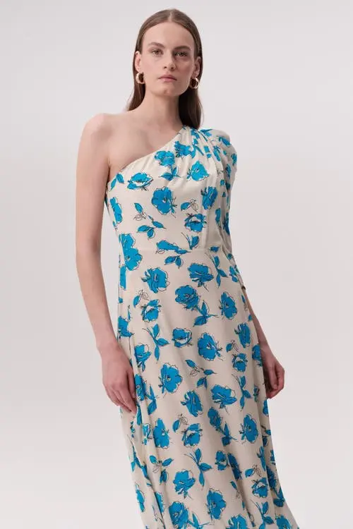 EXQUISE One Shoulder Floral Print Midi Dress
