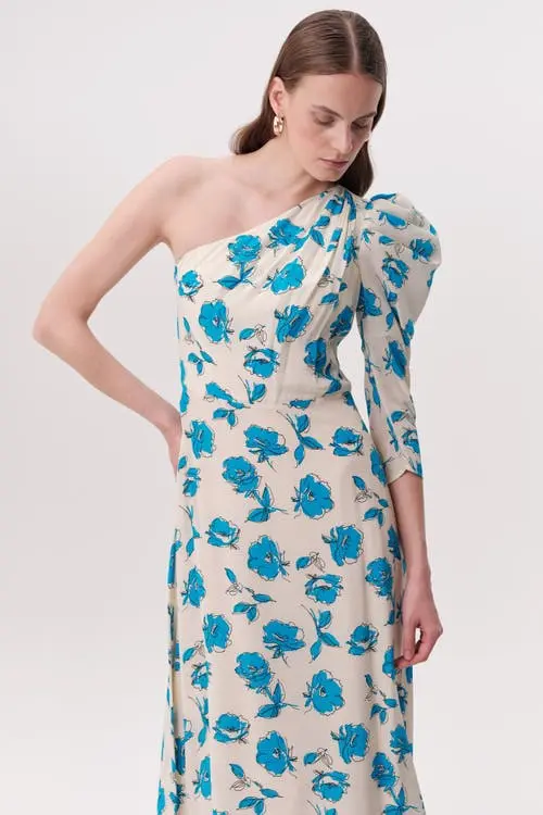 EXQUISE One Shoulder Floral Print Midi Dress