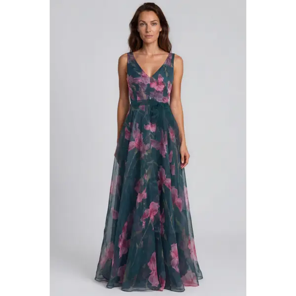 Rene Ruiz Collection V-neck Floral Printed Organza Waist Tie A-line Gown - Multi