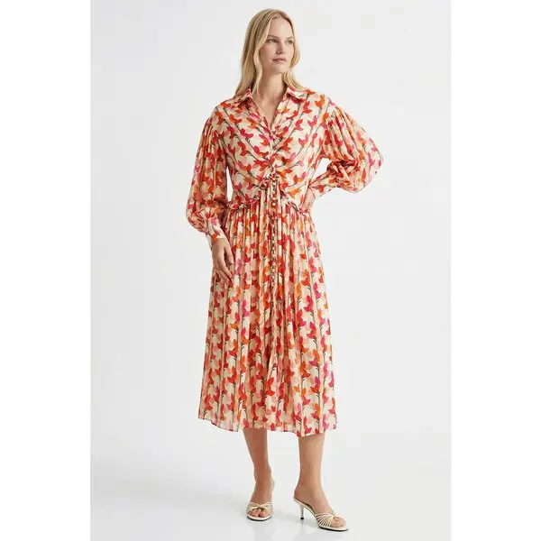 EXQUISE Long Sleeve Patterned Midi Shirt Dress - Multicolor