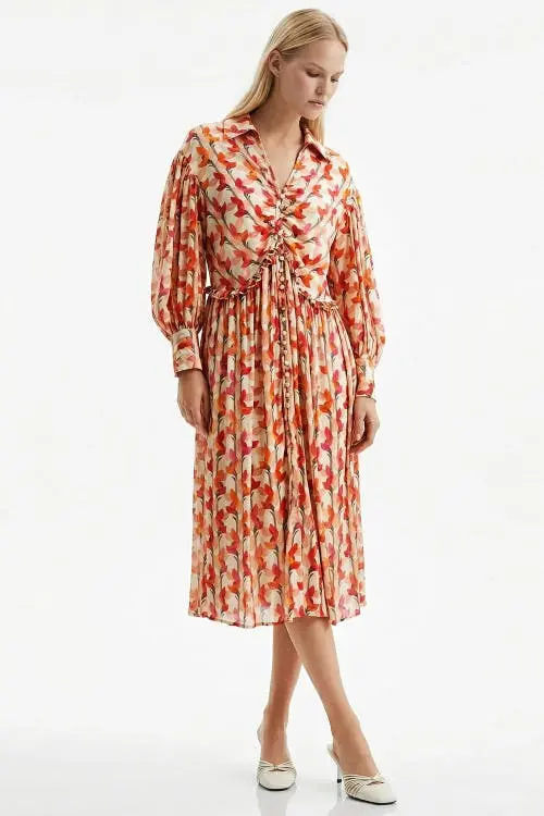 EXQUISE Long Sleeve Patterned Midi Shirt Dress