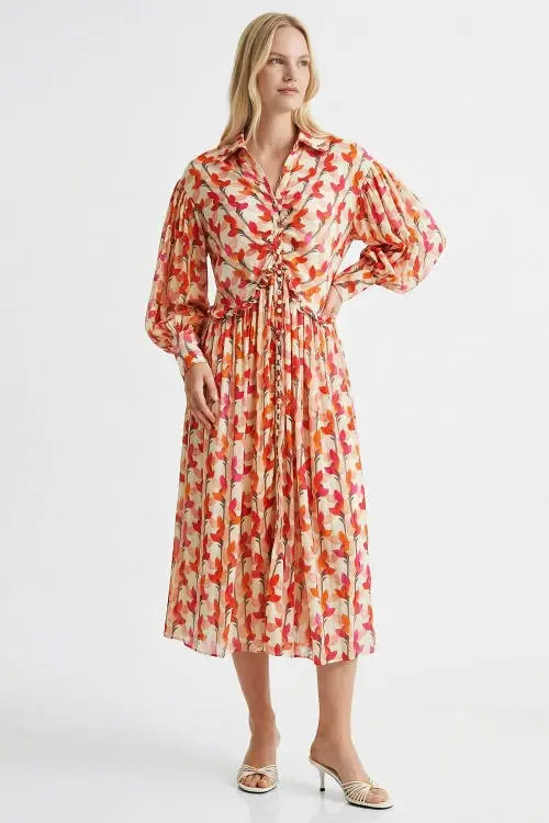 EXQUISE Long Sleeve Patterned Midi Shirt Dress