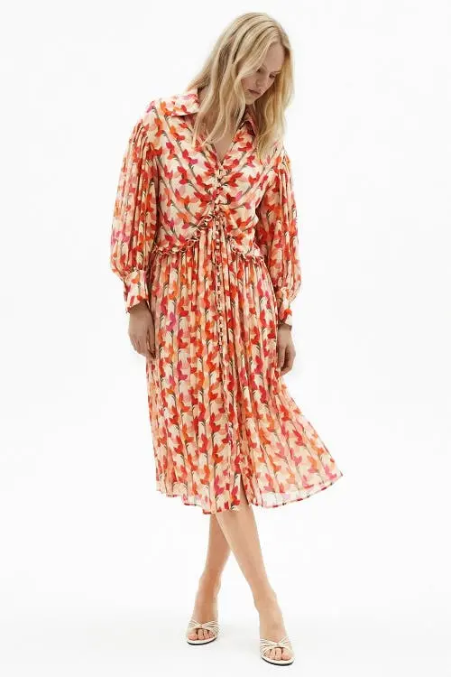 EXQUISE Long Sleeve Patterned Midi Shirt Dress
