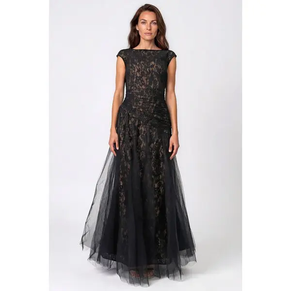 Rene Ruiz Collection Bateau Neck Lace Tulle A-line Gown - Black