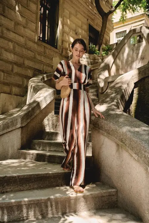 EXQUISE Tie Detail Striped Jumpsuit