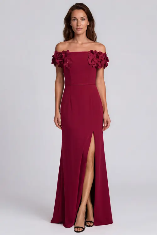 Rene Ruiz Collection Off The Shoulder Crepe Gown - Garnet