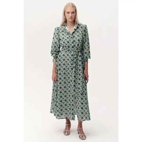 EXQUISE Chamonix Embroidered Collar Patterned Midi Dress - Multi Color