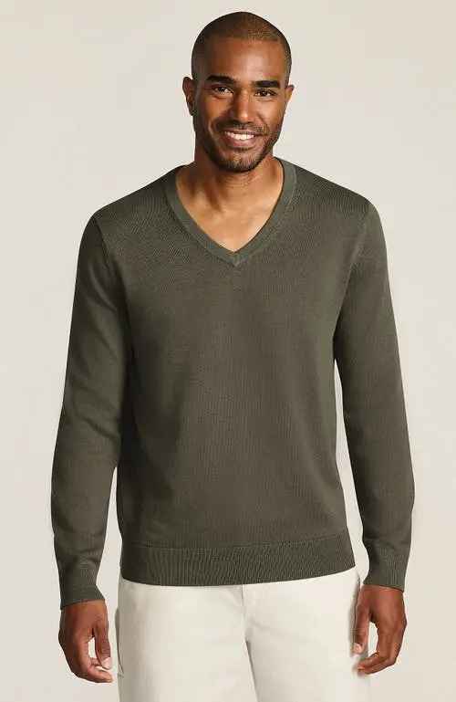 LANDS' END Fine Gauge Cotton V-neck Sweater - Forest Moss
