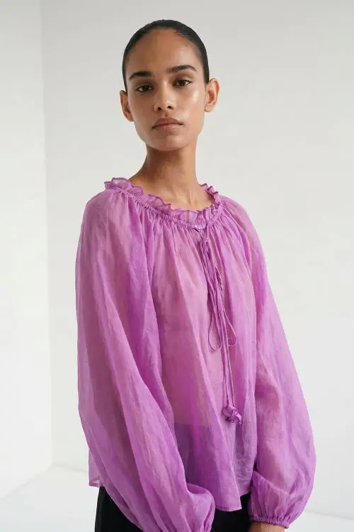 EXQUISE Long Sleeve Decorative Tie Neck Regular Blouse - Pink