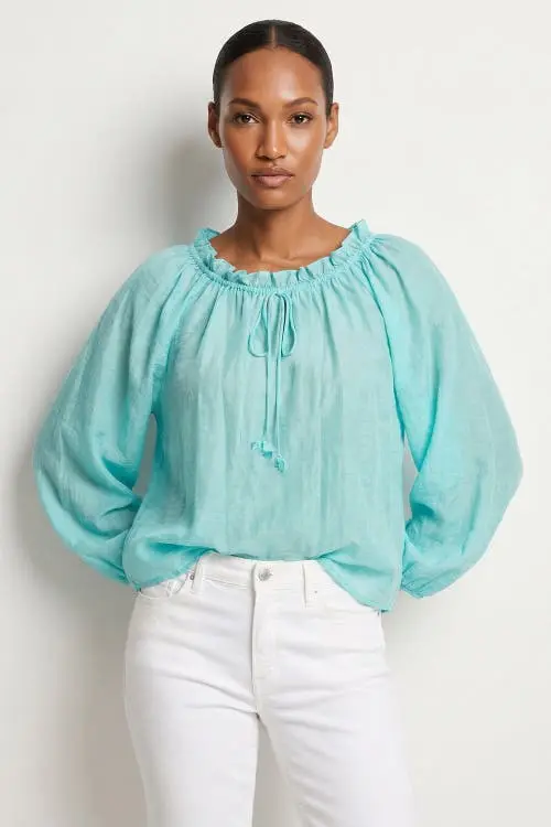 EXQUISE Long Sleeve Decorative Tie Neck Regular Blouse - Turquoise