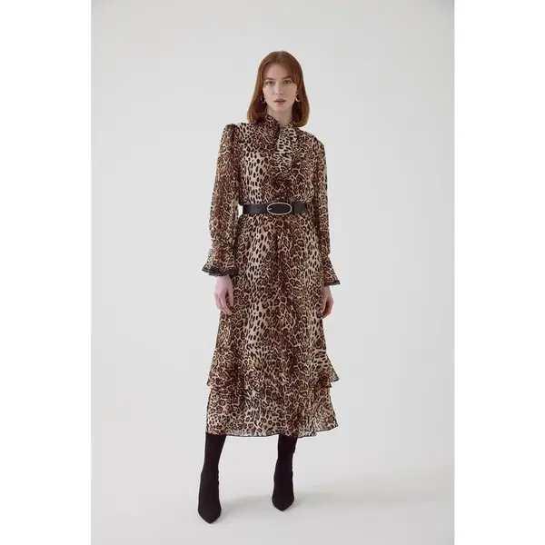 EXQUISE Leopard Print Pocketed Relaxed Midi Dress
