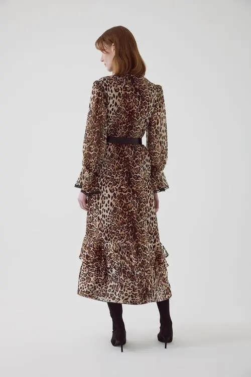 EXQUISE Leopard Print Pocketed Relaxed Midi Dress