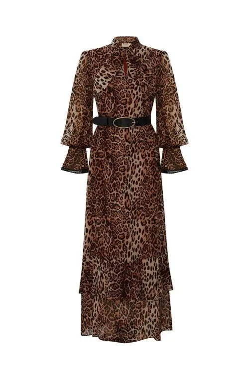 EXQUISE Leopard Print Pocketed Relaxed Midi Dress