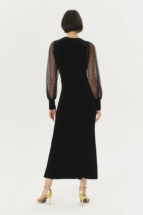 EXQUISE Stretch Lace Sleeve Midi Velvet Dress