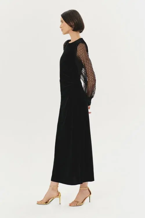 EXQUISE Stretch Lace Sleeve Midi Velvet Dress