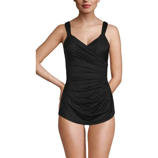 LANDS' END Mastectomy Slendersuit Tummy Control Chlorine Resistant Skirted One Piece Swimsuit - Black
