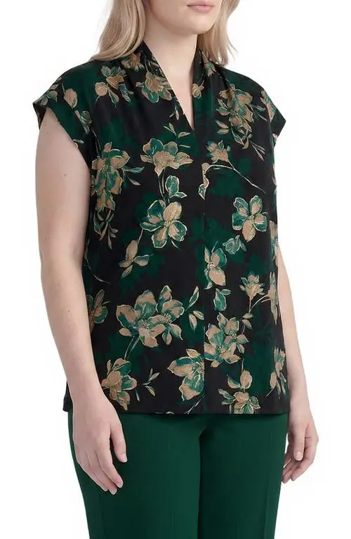 KASPER Foil Print Funnel Neck Top