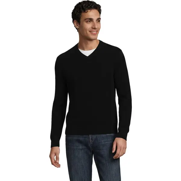 LANDS' END Fine Gauge Cashmere V-neck Sweater - Black