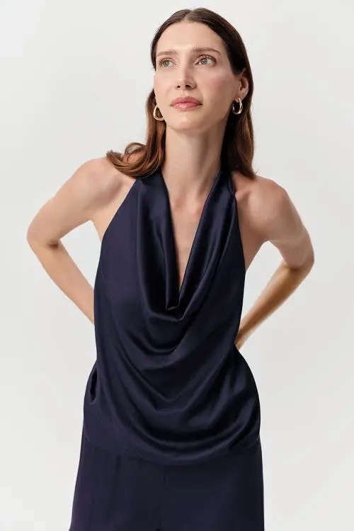 EXQUISE Tasha Cowl Neck Halter Tie Satin Blouse