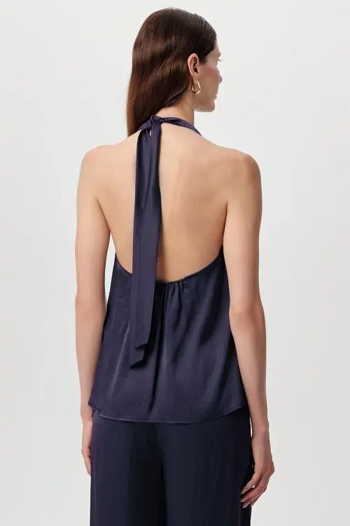 EXQUISE Tasha Cowl Neck Halter Tie Satin Blouse